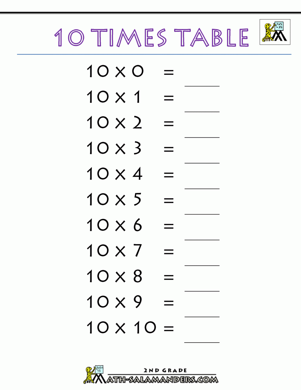 10 X Times Tables Worksheets - Free Printable