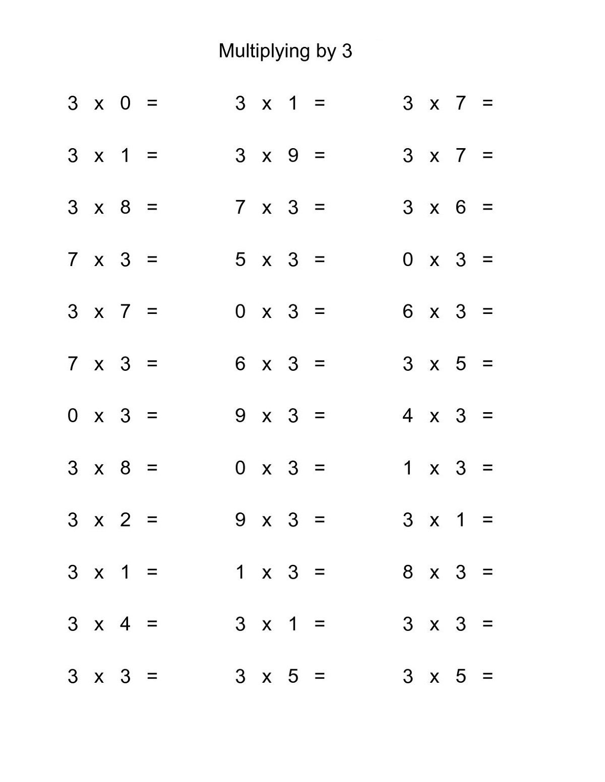 Free Multiplication Worksheets 3 Times Tables - Free Printable