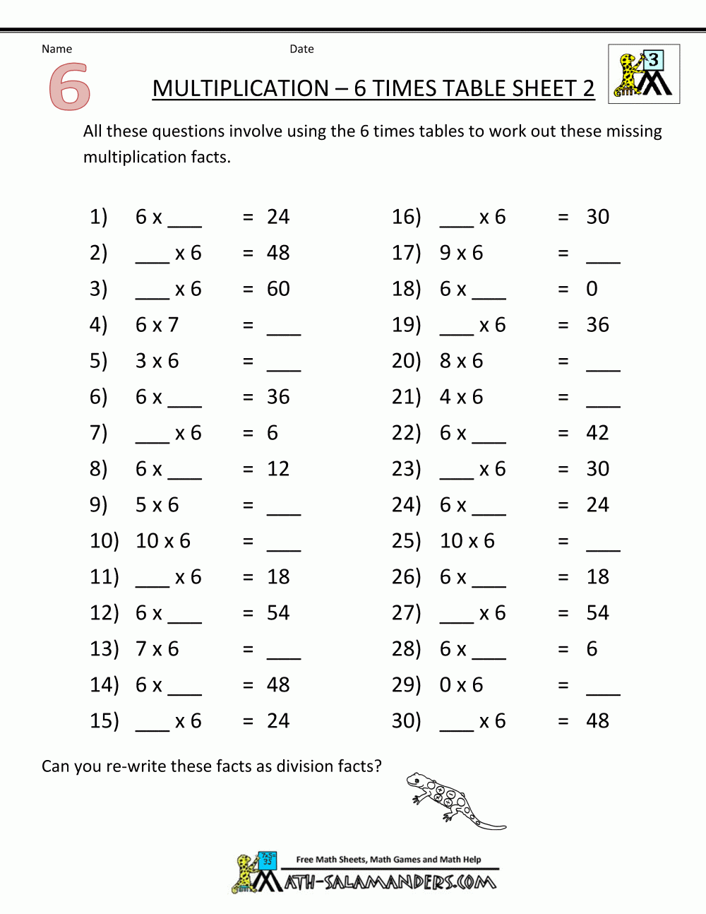 Multiplication Worksheets For 6 Times Tables - Free Printable