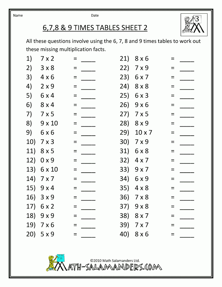 Multiplication 7 8 9 Worksheets | Times Tables Worksheets