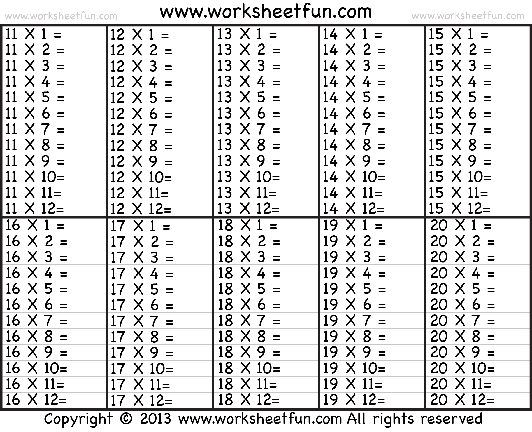 13 To 15 Table Chart - Free Printable