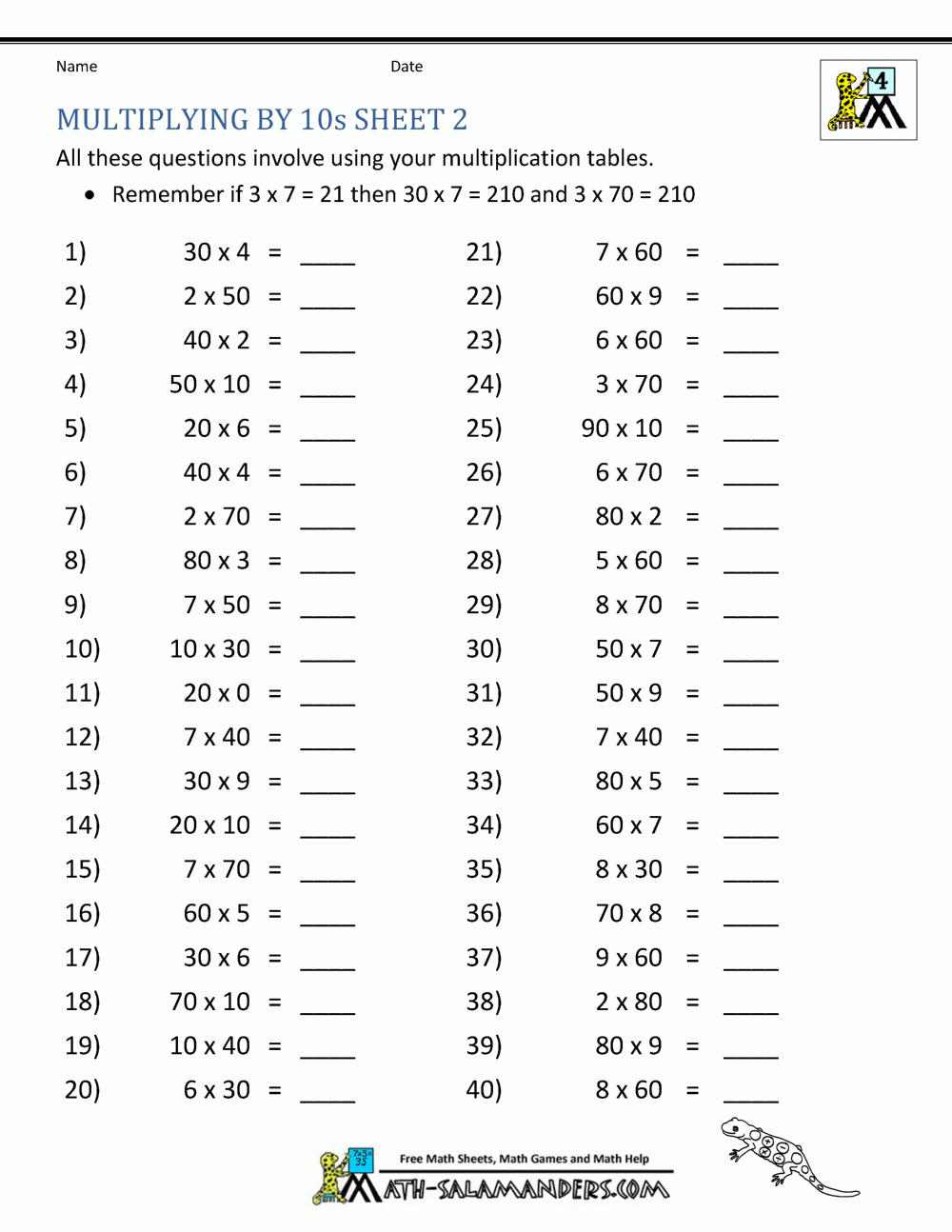 10S Multiplication Worksheet - Free Printable