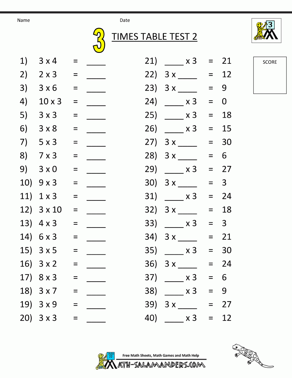 3 Times Test Free Printable 3 Times Test Free Printable