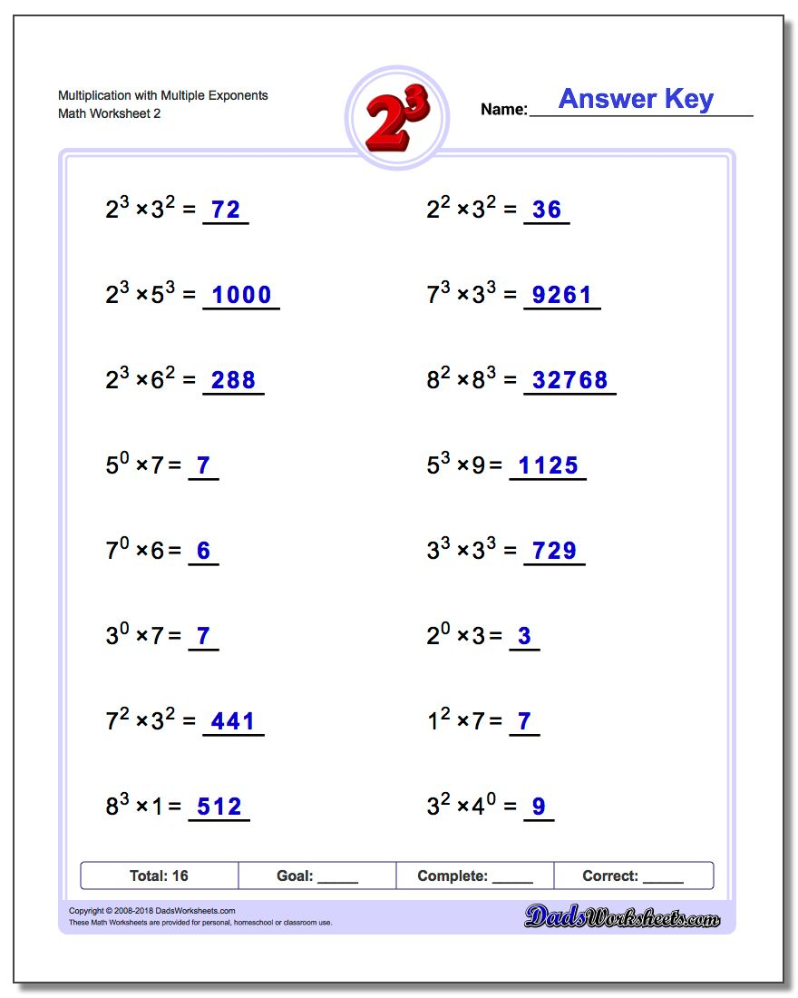 Exponents And Multiplication Worksheet - Free Printable