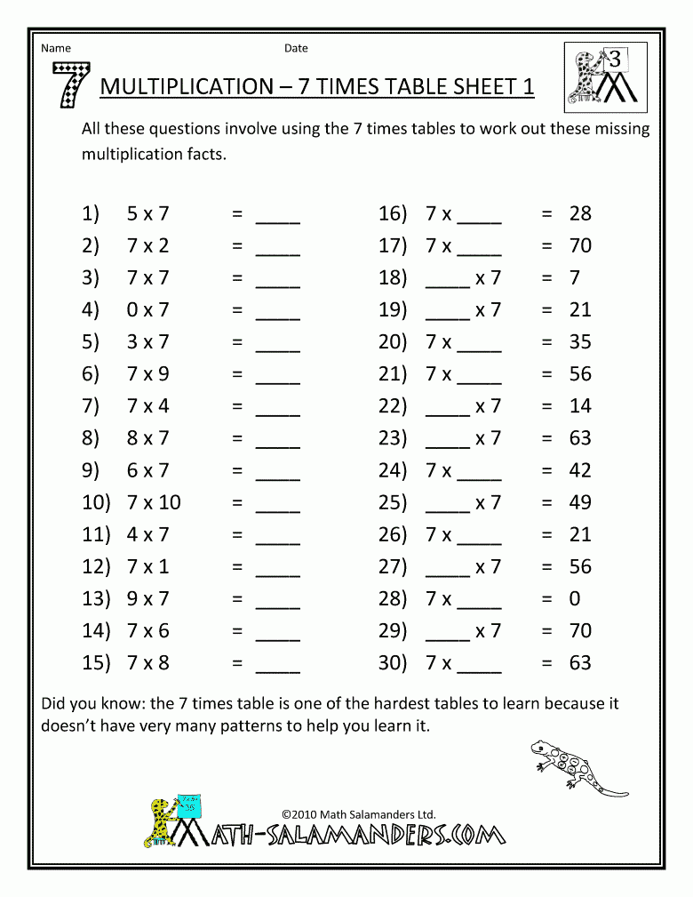 7 Times Table Practice - Free Printable