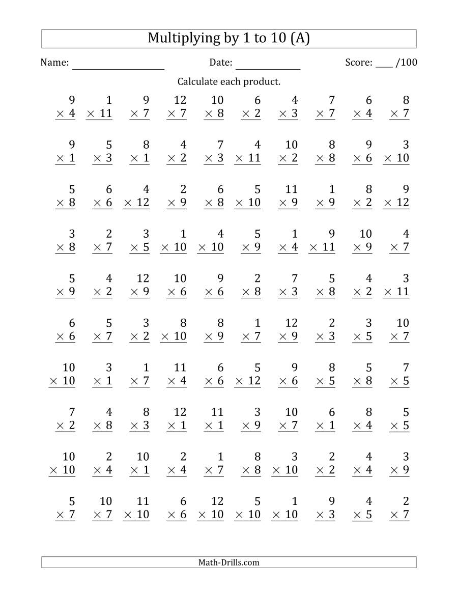 Multiplication Worksheets 100 Problems Free Printable