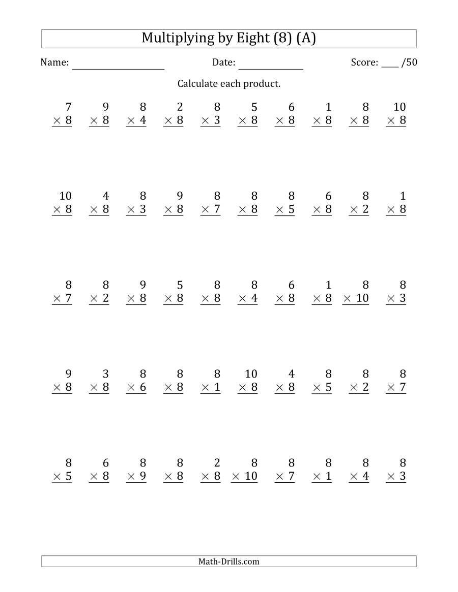 8's Multiplication Worksheet - Free Printable