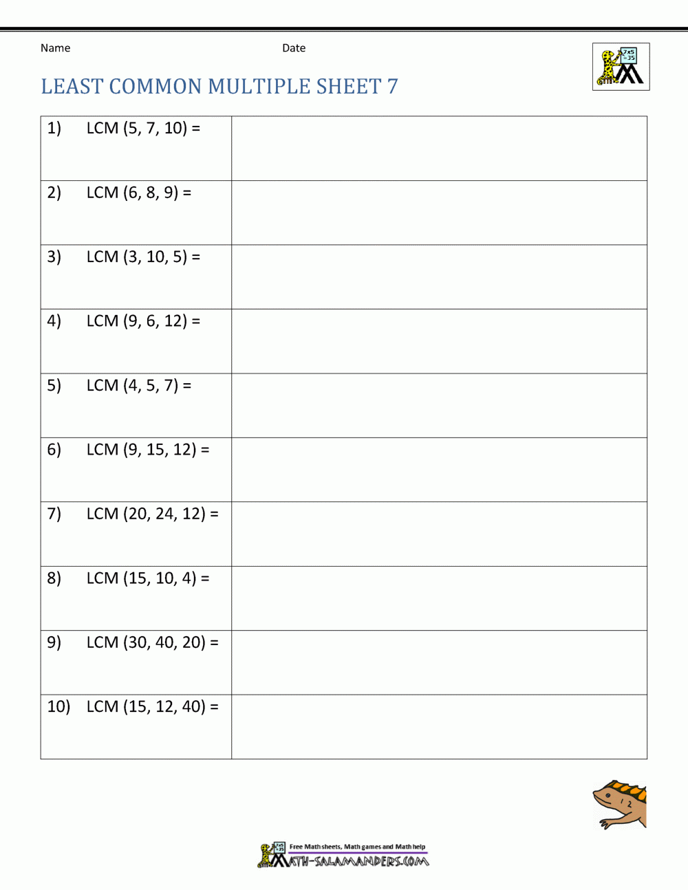 Least Common Multiple Worksheets Least Common Multiple Worksheets