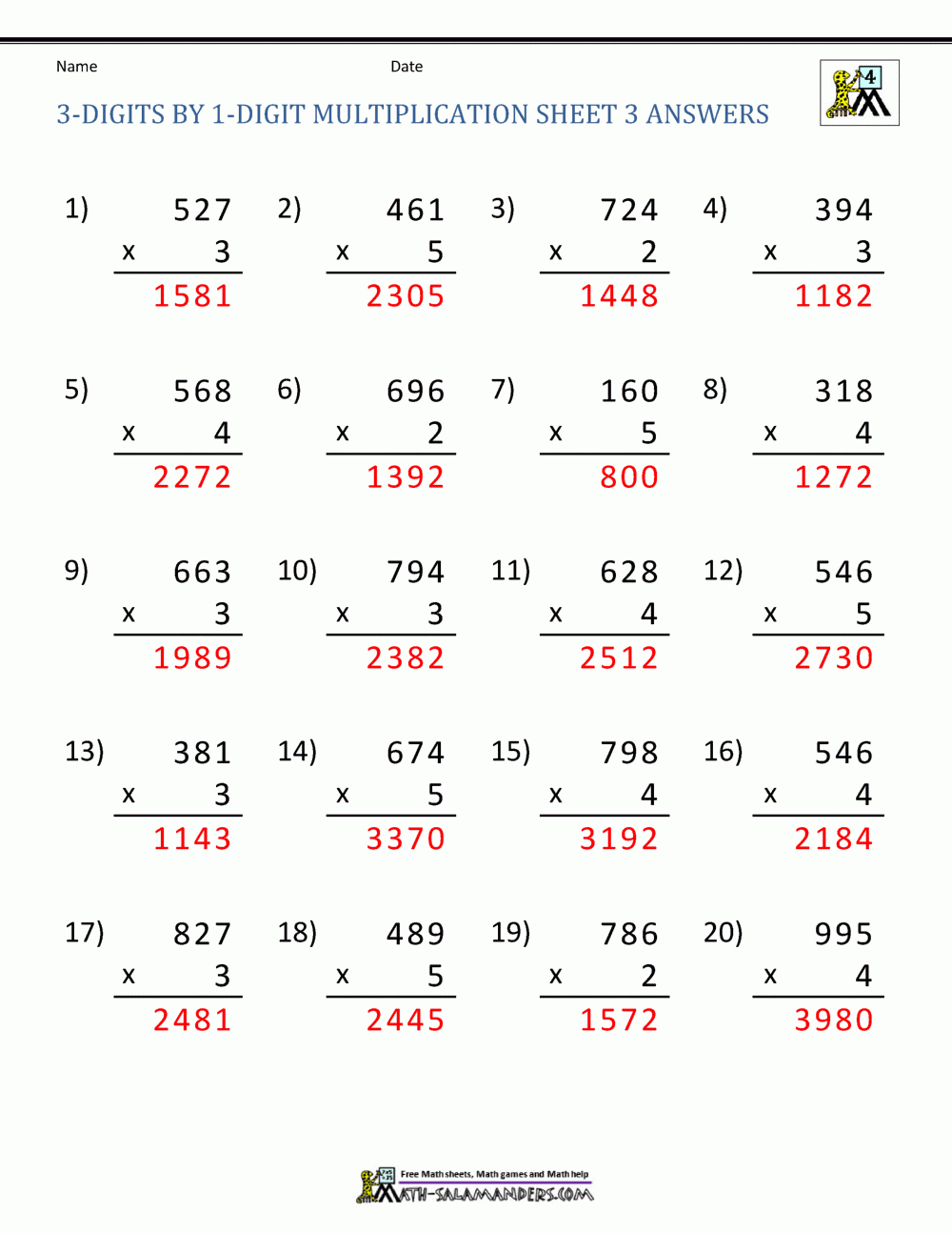 Column Multiplication Worksheets Free Printable