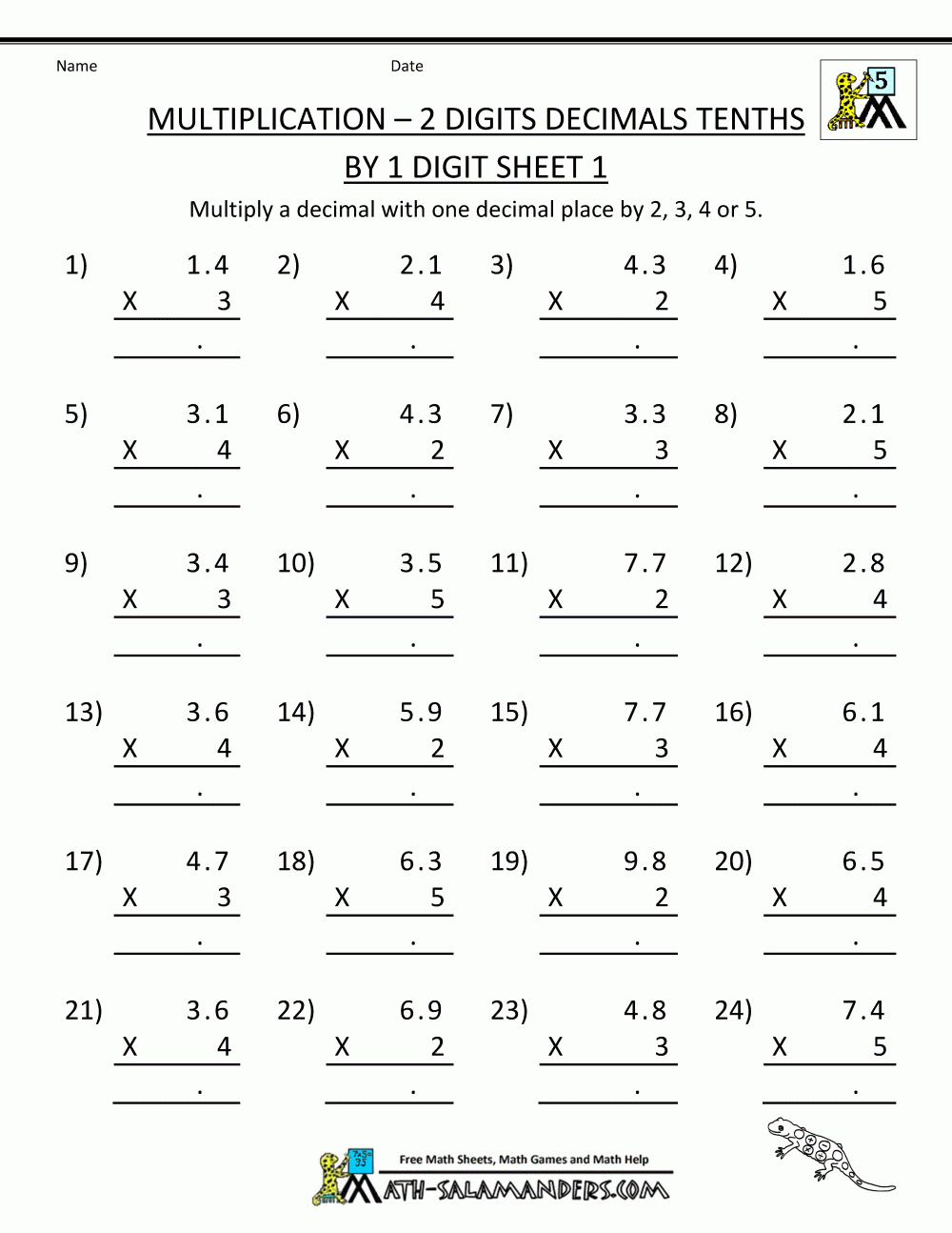 Printable Decimal Multiplication Worksheets - Free Printable