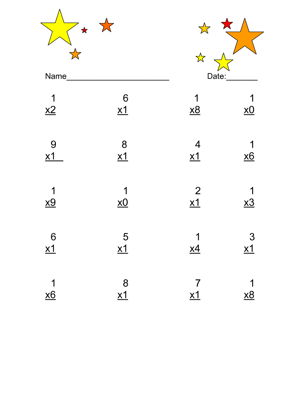 1 Times Table Multiplication Worksheets - Free Printable