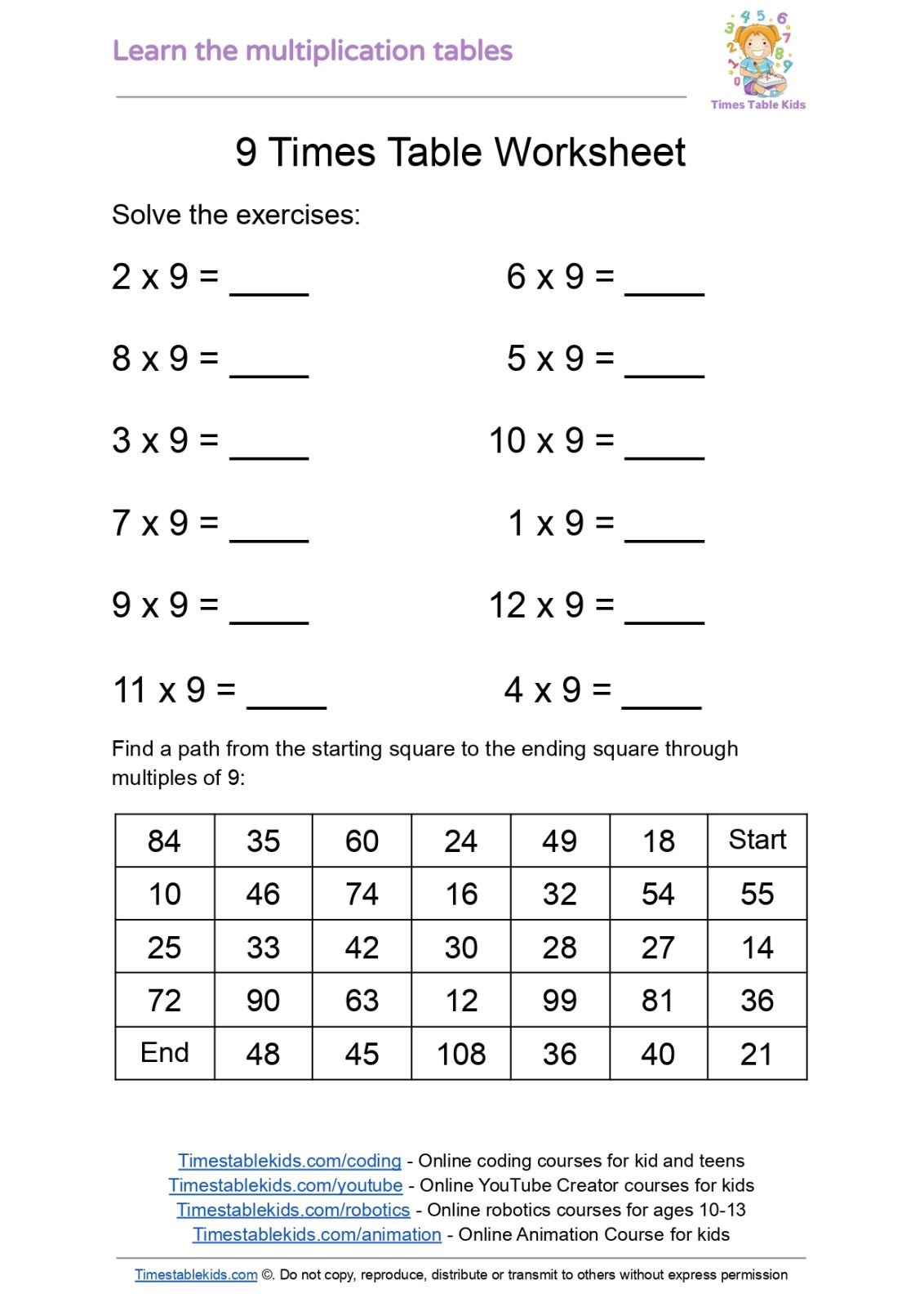 Times Table 9 Worksheet - Free Printable